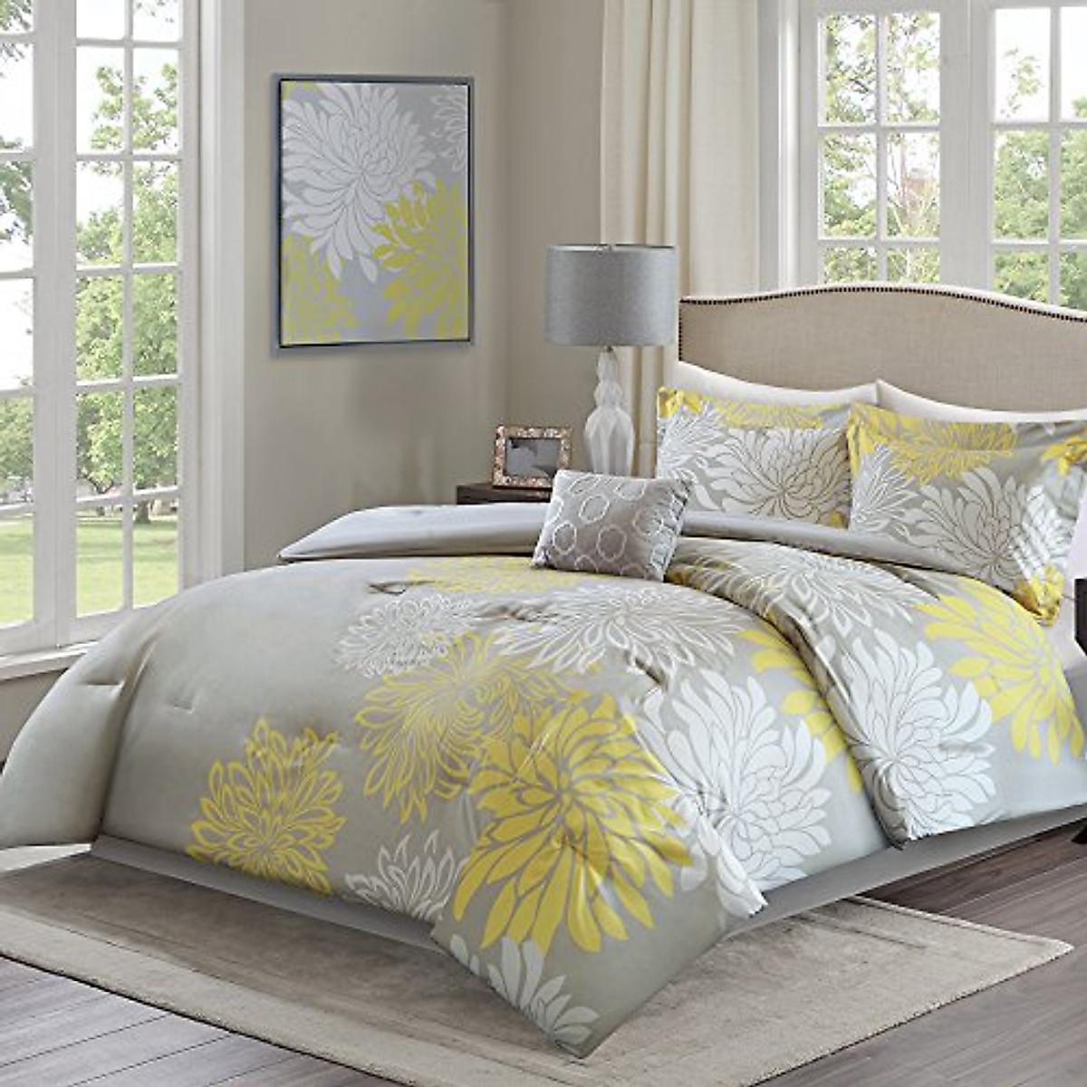 Comfort Spaces Enya Comforter Set-Modern Floral Design All Season Down Alternative Bedding, Matching Shams, Bedskirt, Decorative Pillows, Queen(90"x90"), Yellow
