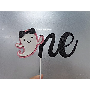 Pink and Black Glitter Halloween Ghost One Cake Topper Halloween Baby Ghost Cake Topper One Ghost Cake Topper for Halloween Girl 1st Birthday Cake Supplies