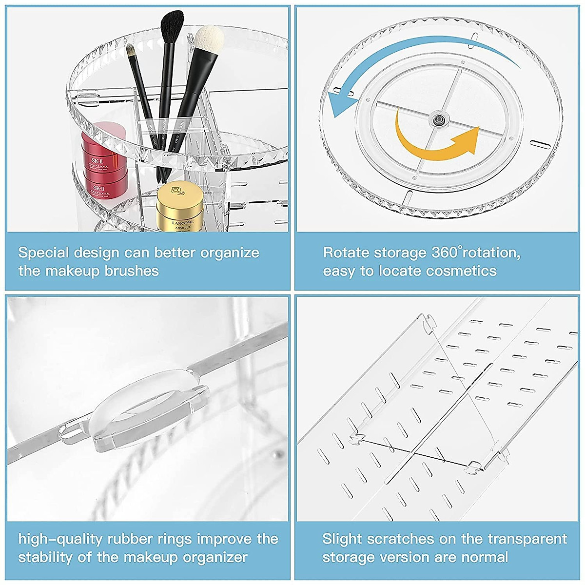 YIEZI 360 Degree Rotating Makeup Organizer,Large Capacity Make up Caddy Shelf,Acrylic Perfume Storage, Adjustable Skin Care Organisers for Dresser Tabletop and Bathroom, Clear (Diamond)