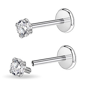 PunkTracker 16g/18g Surgical Steel Internal Thread CZ Stud Piercing Jewelry for Tragus/Nose/Helix/Conch/Medusa/Lip/Labret - Helix Tragus Cartilage Earring for Women Men 2PCS