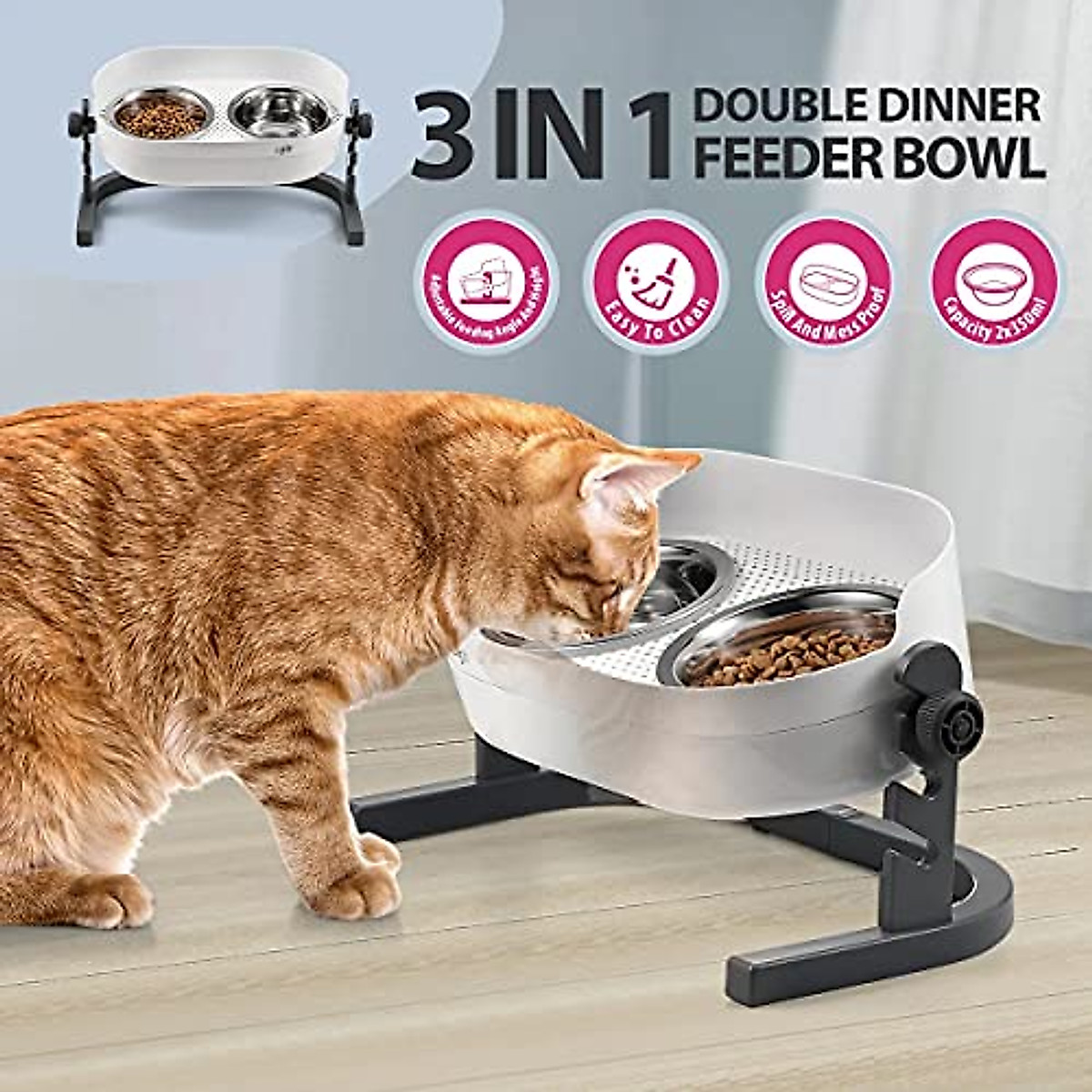 All for Paws Height Adjustable Cat Elevated Bowls Stainless Steel Dog Food Water Bowls, Height Adjustable Cat Feeder Mess Proof Pet Feeding Bowls(Small)