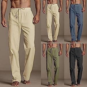 BIFUTON Mens Linen Pants Elastic Casual Beach Pants Summer Yoga Trousers with Pockets mens sweatpants open bottom loose fit baggy sweatpants for men