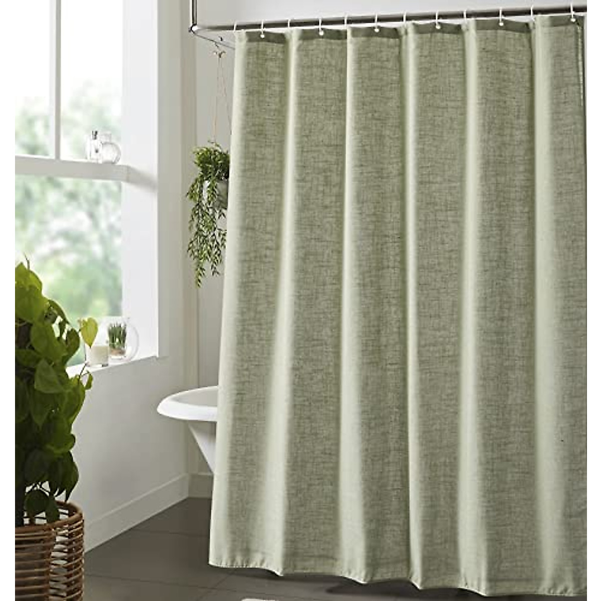 Estmy Sage Green Linen Bathroom Shower Curtain and Fabric Shower Liner Set 2 in 1 Extra Long 72x84, Flax Linen Textured Modern Farmhouse Boho Chic Cute Shower Curtain Set Bathroom Decor