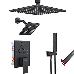 VANFOXLE Shower Faucet Set Matte Black Shower System,Push Button Diverter Shower Faucet with 2 in 1 Handheld,Ceiling Mount 10 Inch Shower Head with 6 Inch Wall Mount Shower Head
