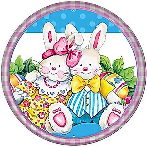 RIFOSA Round Metal Tin Sign Easter Buddies Sign Easter Sign Bunny Sign Wreath Metal Tin Sign Vintage Sign for Home Coffee Garden Wall Decor 12x12 Inch