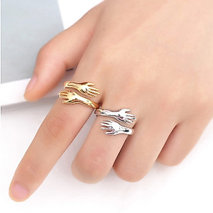 2 Pcs Love Hug Open Adjustable Ring Set Friendship Couple Lover Statement Creative Romantic Wedding Engagement Hugging Hands Jewelry for Women Men-gold