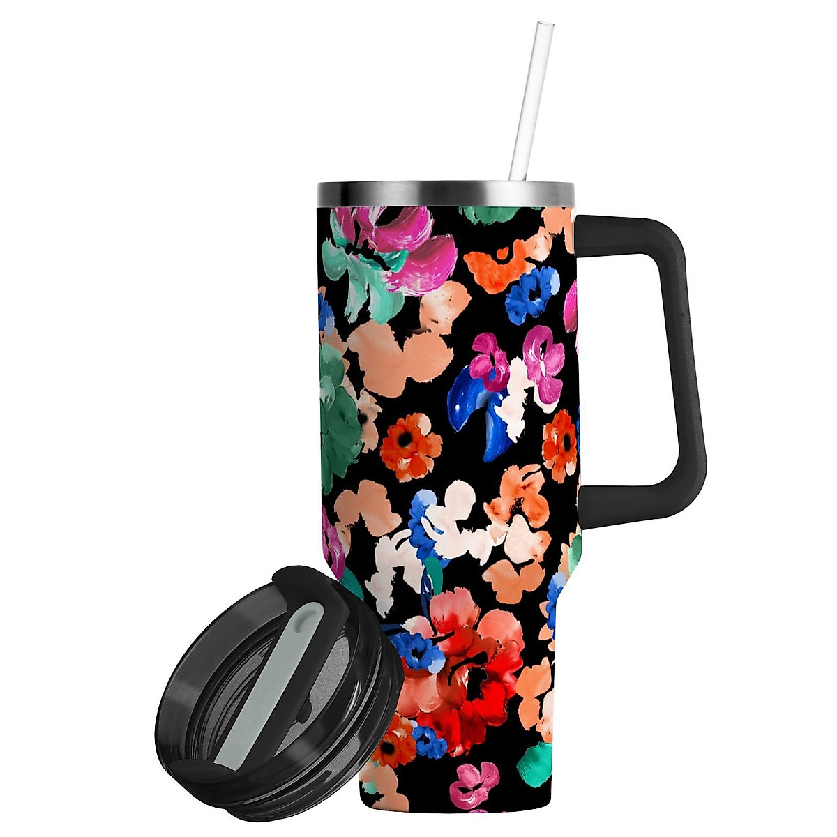 Yasala Car Tumbler with Handle Watercolor Rainbow Color Flower Travel Mug Coffee Cup Insulated Beverage Container Mega Cup for Hot Cold Drinking Thermos Water Bottle Cupholder Friendly 40 oz
