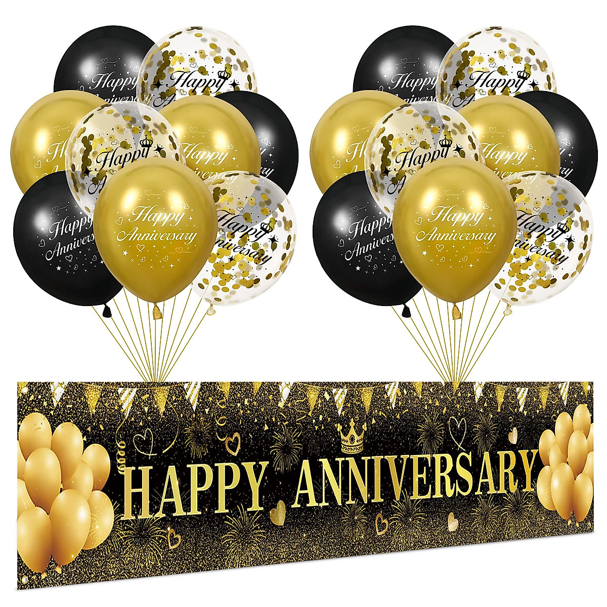 Black Gold Wedding Anniversary Decoration, Black Gold Happy Anniversary Yard Banner and 18Pcs Happy Anniversary Latex Balloons for Black Gold Wedding Anniversary Birthday Party Decorations