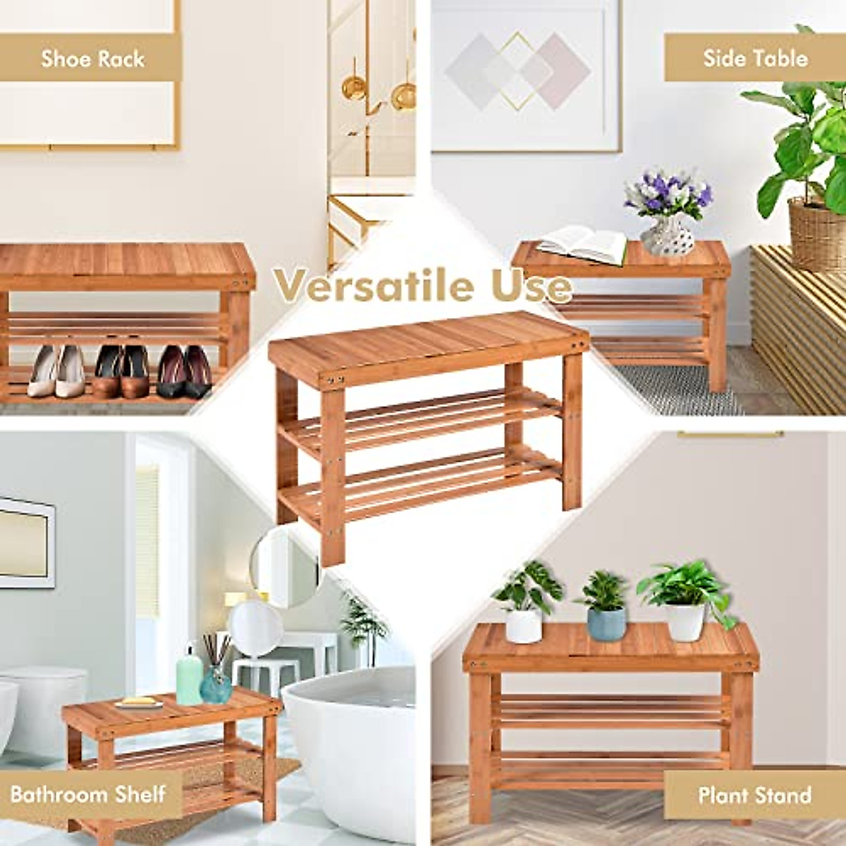 COSTWAY Bamboo Shoe Rack Bench 3-Tier Free Standing Wood Shoe Storage Organizer Shelf Holder Home Entryway Hallway Furniture Eco-Friendly (Natural)