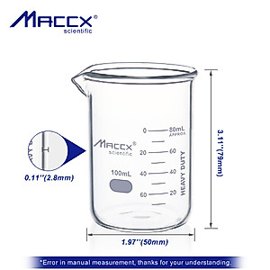 Maccx 3.4oz(100ml) Sturdy Glass Beaker, 3.3 Borosilicate Griffin Low Form with Printed Graduation, Pack of 12, BKL100-012