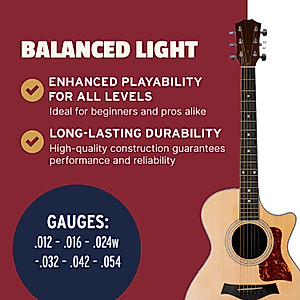 Stringjoy FW1254 Foxwoods Coated Phosphor Bronze Acoustic Guitar Strings 12-54 Light Gauge, Long-Lasting Tone, Smooth Playability, Acoustic Guitar Strings 6 String Set, Premium Guitar Accessories