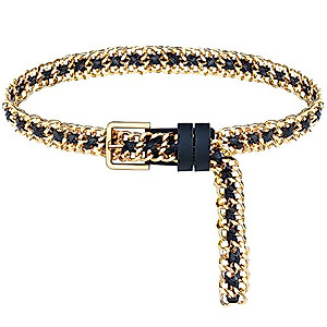 Glamorstar Gold Metal Punk Belts Leather Chain Waist Belt for Women Dresses Gold Black 135CM/53.1IN