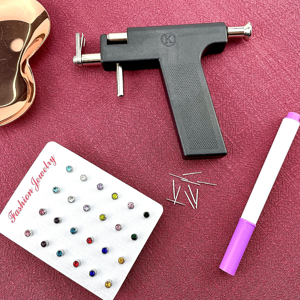 EOKOW Ear Piercing Gun Kit Reusable Ear Percinging Tool Professional Body Nose Lip Earrings Set With Stainless Steel Studs Silver Sticks For Salon Home Use…