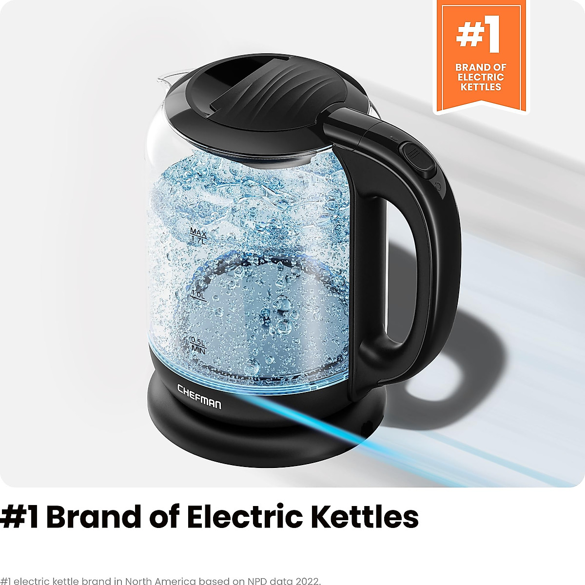 Chefman 1.7 Liter Electric Glass Tea Kettle, Fast Hot Water Boiler, One Touch Operation, Boils 7 Cups, Swivel Base & Cordless Pouring, Auto Shut-Off