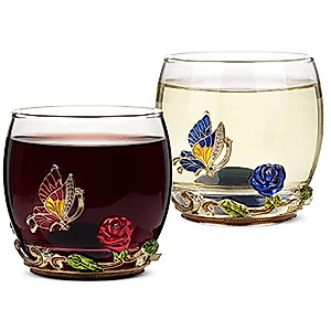 BTaT- Floral Stemless Wine Glasses, 10 oz, Set of 2, Wine Glasses Stemless, Stemless Wine Glasses Set of 2, Butterfly Wine Glass, Cute Wine Glass, Flower Wine Glasses, Flower Glass Cup