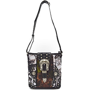 Camouflage Rhinestone Cross Pistol Buckle Western Crossbody Handbags Cowgirl Country Studded Purse Women Single Shoulder Bag (#1 Black)