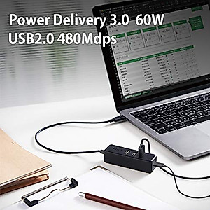 Elecom U2HC-T431PBK USB Hub, Type-C USB-A, 2.0 x 3 Ports, USB PD 60W Compatible, Type-C x 1, Cable 11.8 inches (30 cm), Magnetic, Black