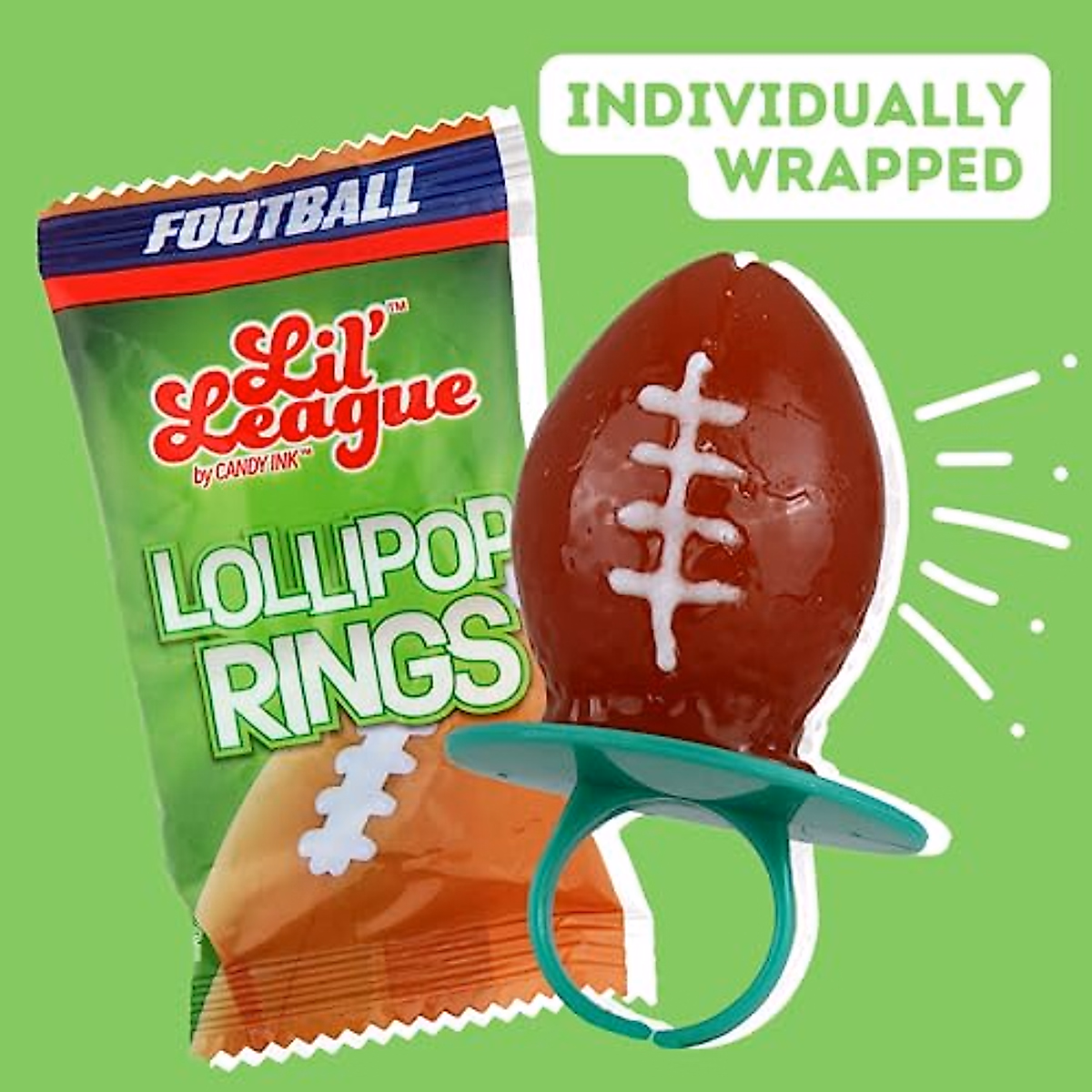 Football Candy Lollipop Rings, Individually Wrapped for Tailgates, Birthday Party Favors, and End of Season Banquets, 18 Suckers