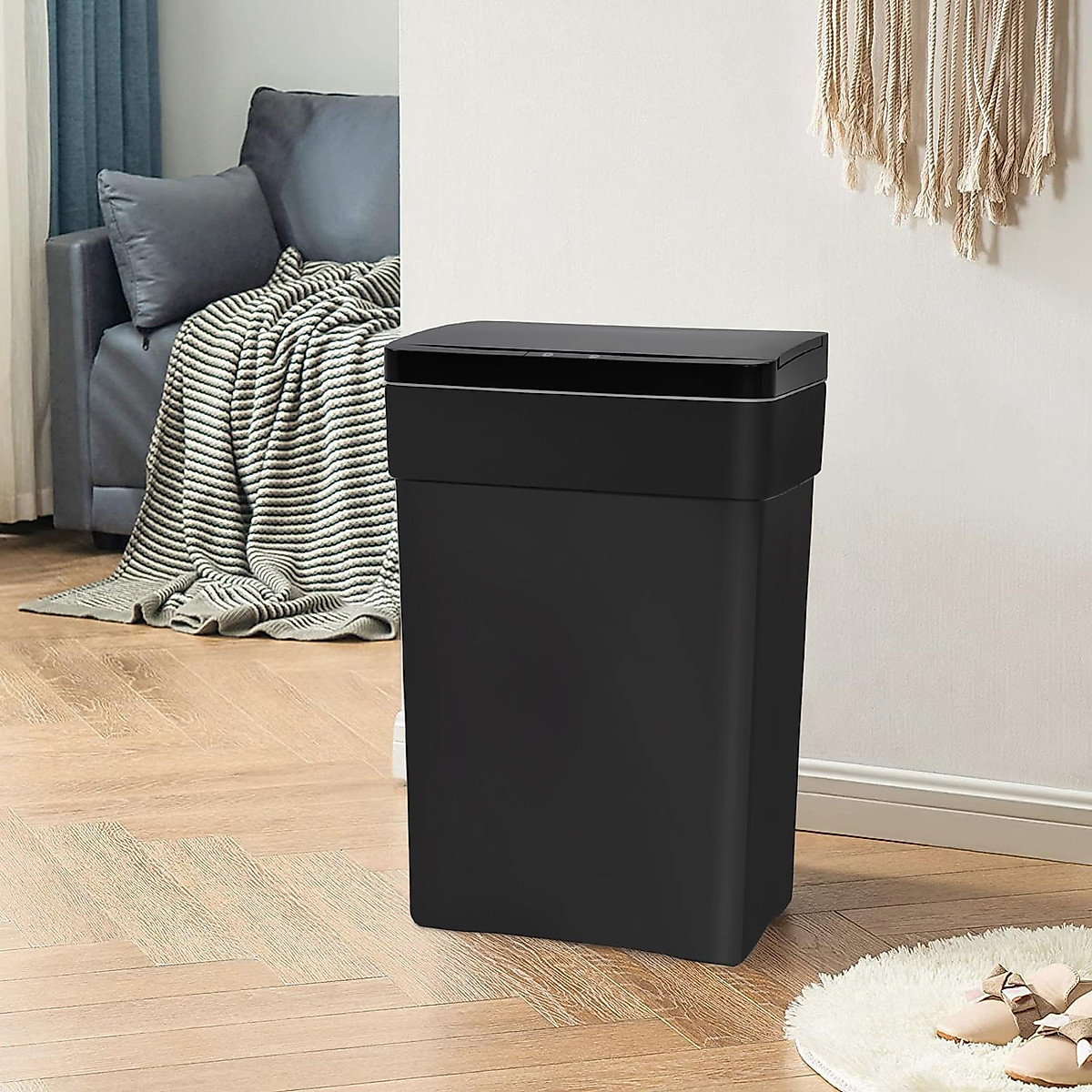 PayLessHere 13 Gallon 50 L Trash Can with Lid Plastic Kitchen Trash Bin Automatic Touch Free Motion Sensor Trash Can (1, Black)