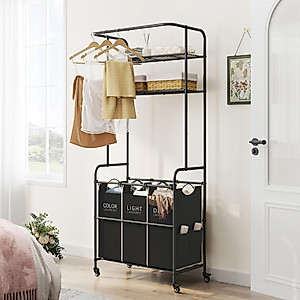 Gewudraw Laundry Sorter Cart with Hanging Rack, 3 Section Laundry Hamper Basket Butler Cart with 2 Tier Shelf, Rolling Lockable Wheels