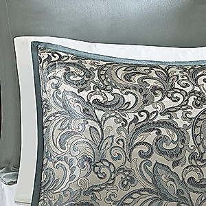 Madison Park Essentials Brystol 24 Piece Room in a Bag Faux Silk Comforter Jacquard Paisley Design Matching Curtains Down Alternative Hypoallergenic All Season Bedding-Set, Queen (90 in x 90 in), Teal