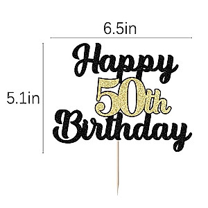AROKIPPRY Black Gold Glitter Happy 50th Birthday Cake Topper,Happy 50 Birthday Cake Decoration for 50 & Fabulous Birthday,Hello 50 Party Anniversary Party Cake Decorations Supplies
