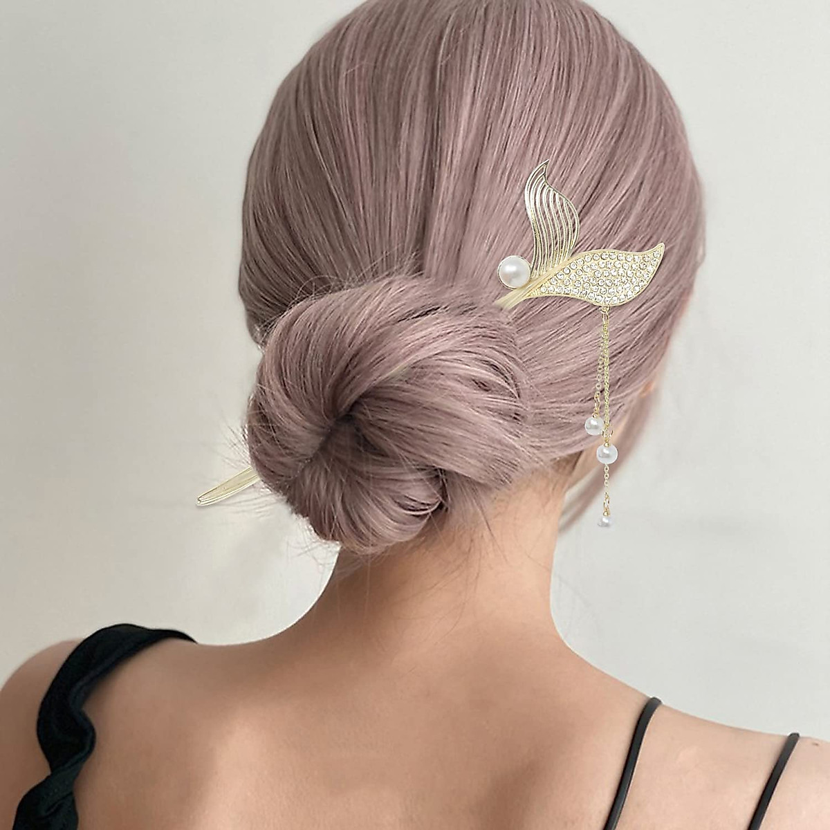 yueton 2PCS Fashion Fish Tail Alloy Hair Stick with Tassel Metal Pearl Rhinestions Hair Chopsticks Hair Forks Hairpins Hair Pins Chignon Pins Long Hair Decorations Hair Styling Pins for Buns