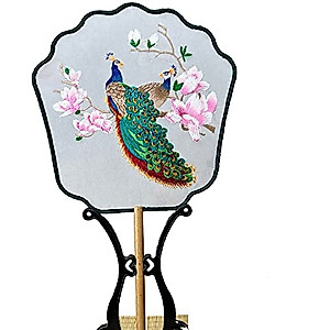 Circular Fan Ancient Style Suzhou Embroidery Double-Sided Embroidery high-Grade Chinese Style Fan Classical Embroidery Fan(Dark Green)