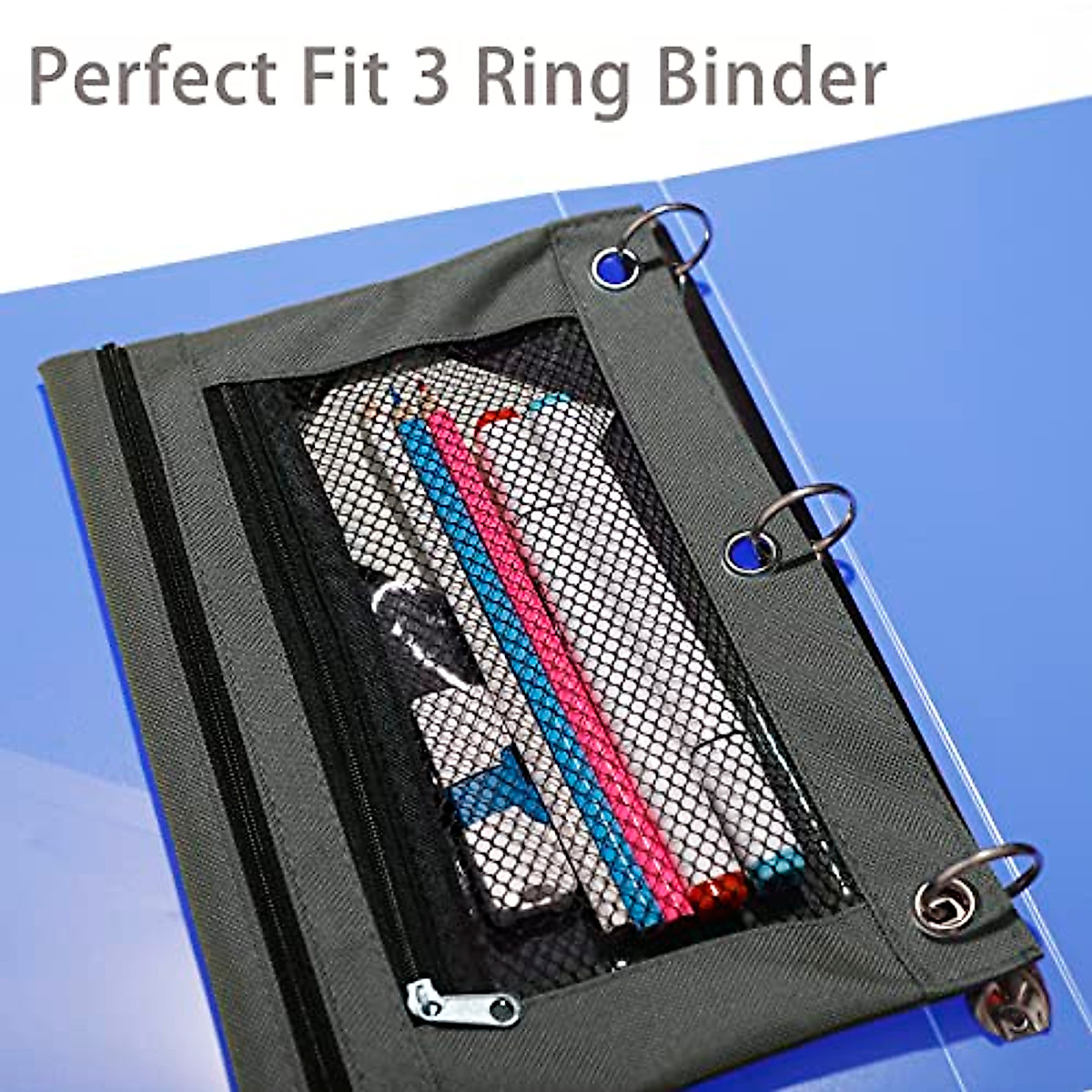 Antner 6 Pack Binder Pencil Pouch for 3 Ring Binder, Zipper Pouch Case with Smooth Zipper & Clear Window, Large Capacity 3-Hole Pencil Bag with Reinforced Grommets, Grey