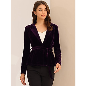 Allegra K Women's Work Office Velvet Belted Lapel Collar Blazer Jacket Medium Purple