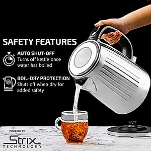 Ovente Stainless Steel Electric Kettle Hot Water Boiler 1.7 Liters - Powerful 1750W BPA Free w/ Auto Shut Off & Boil Dry Protection, Portable Instant Hot Water Pot for Coffee & Tea - Silver KS711S