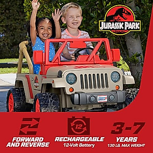 Power Wheels Jurassic Park Jeep Wrangler Ride-On Battery Powered Vehicle with Dinosaur Sounds & Lights for Preschool Kids Ages 3+ Years
