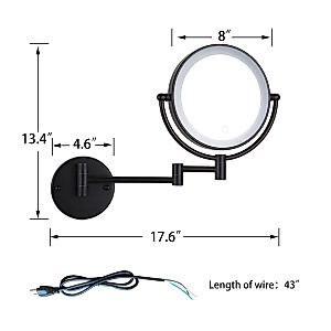 Wall Mounted Lighted Makeup Vanity Mirror 8 Inch Double Sided 1X 10X Magnifying Bathroom Mirror, Touch Screen Dimming, Extended Arm 360 Rotation Shaving Light up Mirror, Black