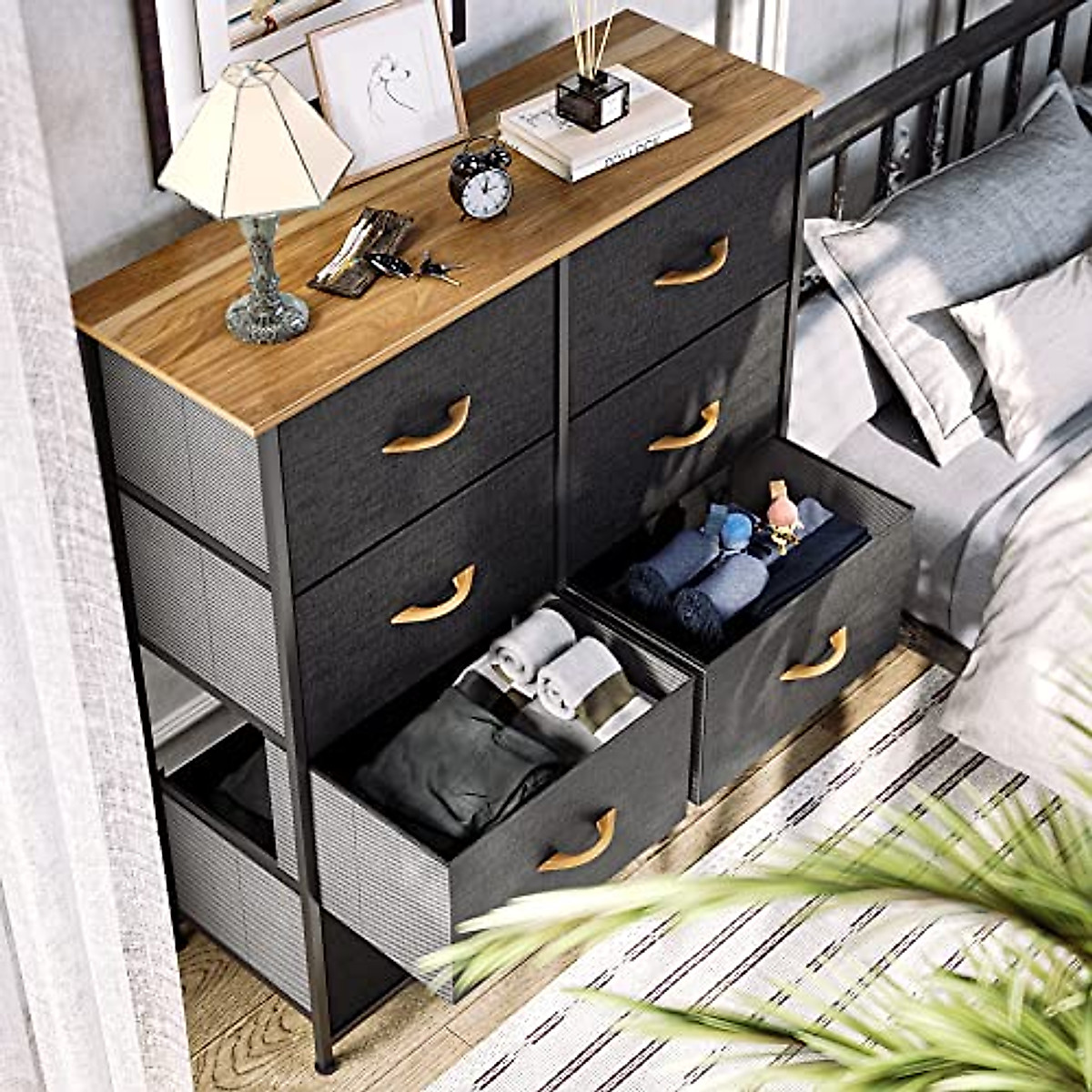 YITAHOME Storage Tower with 8 Drawers & Closets - Sturdy Steel Frame, Easy Pull Fabric Bins & Wooden Top & Storage Dresser, Grey
