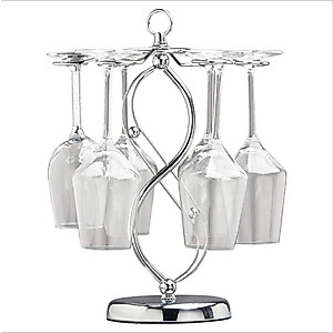 6 Hooks Silver Metal Red Wine Glass Cup Rack Holder Stand,Upside Down Wrought Iron Wine Stemware Glass Holder Air Drying System Tree Display