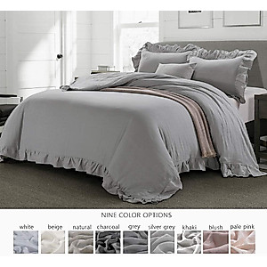 meadow park 100% Stone Washed French Linen Duvet Cover Set 3 Pieces, Full/Queen 90 inches x 92 inches, Shams 20 inches x 26 inches, Ruffled Style, Button Closure, Corner Ties, Super Soft, Grey Color