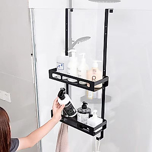 Natural Bamboo Over the Door Shower Caddy，Rust-proof Carbon Steel Adjustable Hanging Organizer Shelf ,Soap Holder Bathroom Shelf，Shower Basket with Hook Suction Cup (Black-2 Tier)