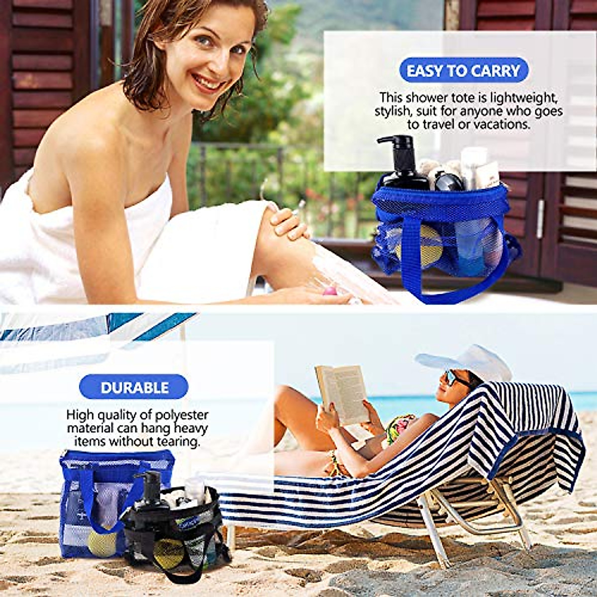 2 Pcs Portable Shower Mesh Caddy Bag Quick Dry Hanging Toiletry and Bath Organizer for Travel and Swimming with Zipper (Dark Blue-Black)