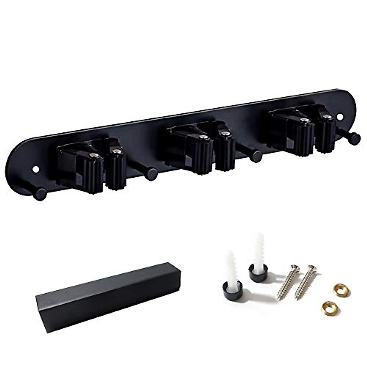 Ascotahoo Bathroom Organizer Broom Mop Holder,mop and Broom Rack Wall Mount with Stainless Steel 3 Racks 4 Hooks for Kitchen Bathroom Office Closet Garden, Black Color