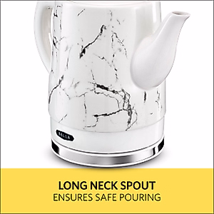 BELLA 1.5 Liter Electric Ceramic Tea Kettle with Boil Dry Protection & Detachable Swivel Base, White Marble, Model 14743