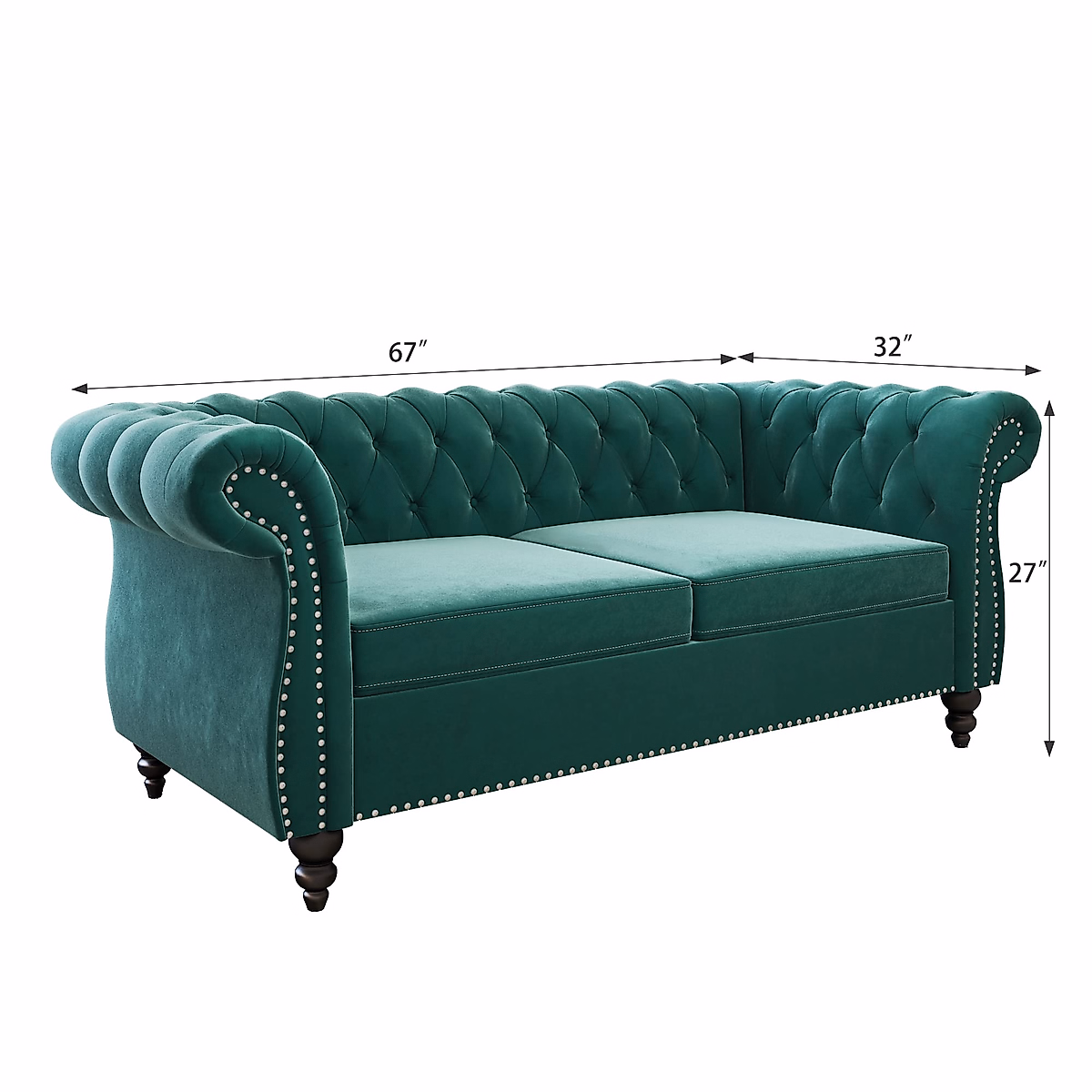 3 Piece Living Room Set, Velvet Chesterfield Sofa Loveseat Couch Chair with Scroll Arms and Nailhead for Living Room, Office (Green)