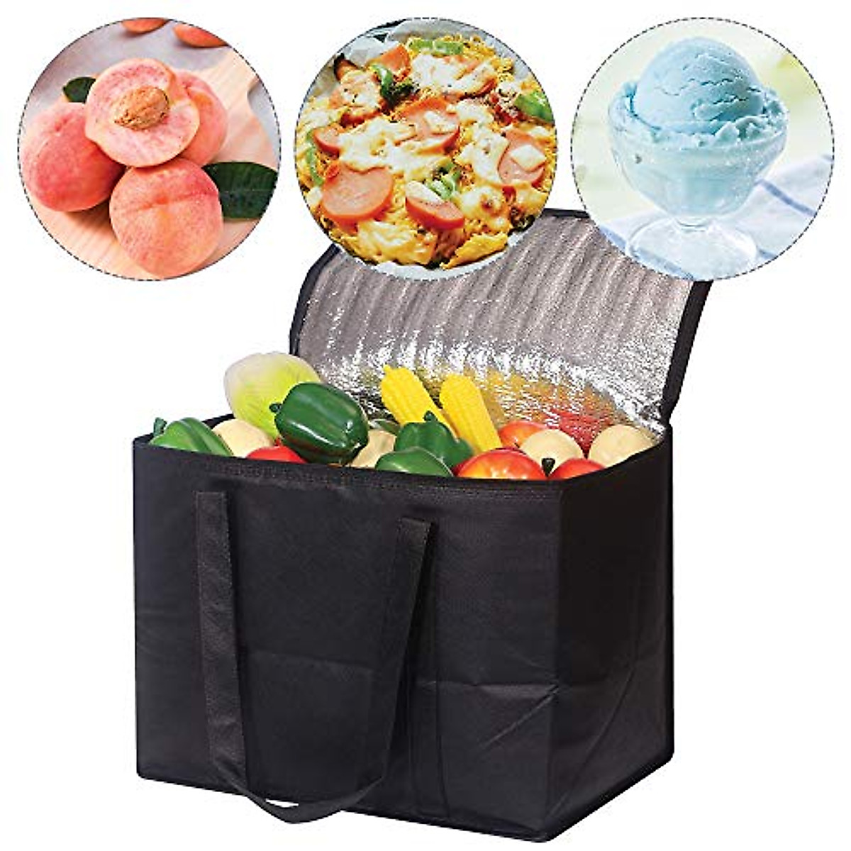 Set of 2 Large Insulated Reusable Grocery Bags with Sturdy Zipper and Handles, Foldable Washable Heavy Duty Cooler Totes for Hot or Cold Food Delivery, Groceries, Travel, Shopping