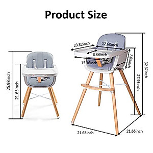 Foho Baby High Chair, Perfect 3 in 1 Convertible Wooden High Chair with Cushion, Removable Tray, and Adjustable Legs for Baby & Toddler (Gray)