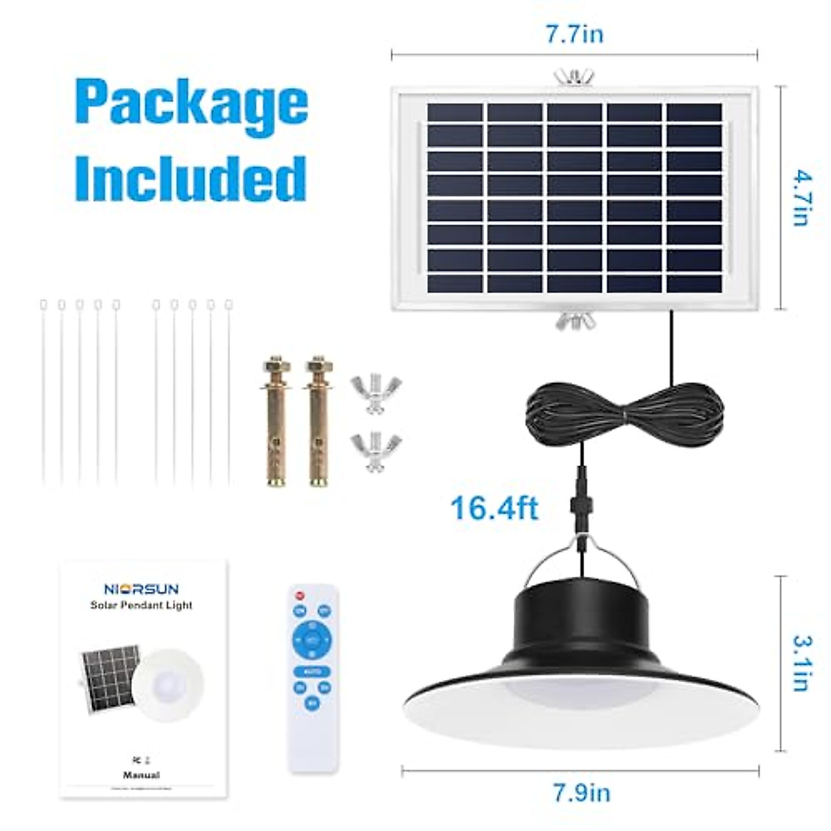 NIORSUN Solar Lights Outdoor, LED Solar Pendant Light 3000K|4000K|5000K| Dimmable Lighting with Remote Control, 16.4ft Cable IP66 Waterproof for Patio, Garage, Camp, Chicken Coop, Shed Barn