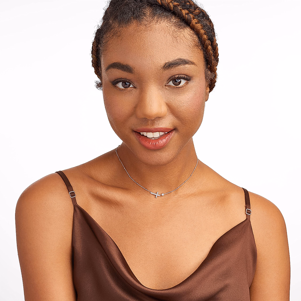 MORGAN & PAIGE Sideways Cross Necklace for Women - Demi Fine Cubic Zirconia Pendant, 925 Sterling Silver Choker, Teens, Dainty Faith Jewelry, 12 to 16 inch with Extender