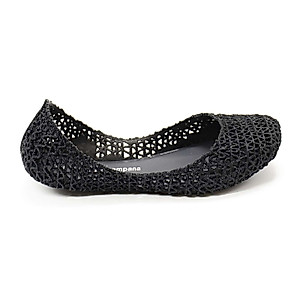 mini melissa Campana Papel Flats for Kids - Comfortable & Cute Closed-Toe Jelly Flat Shoes with Interwoven Cut-Out Design for Girls, Black Glitter, 13