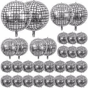 30 PCS Disco Ball Balloons Different Sizes- 4D Large Disco Balloons 10 Inch 15 Inch 18 Inch 22 Inch Assorted Round Metallic Silver Disco Balloons for Disco Themed Party Decor Supplies