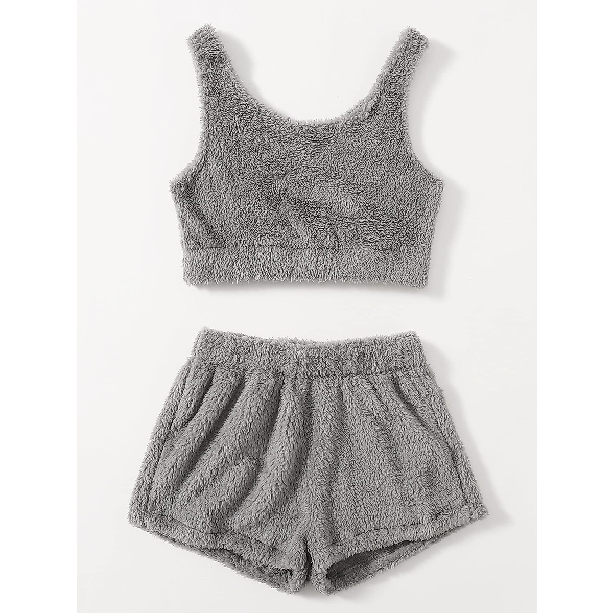 Verdusa Women's Fuzzy Pajamas Set Loungewear Crop Tank Top and Shorts Sleepwear Grey XL
