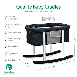 Green Frog Bassinet/Cradle | Gentle Rocking | Mesh Windows | Infant Safe Mattress | Hidden Wheels for Easy Movement | Washable | Lightweight and Transportable (Black Diamond)