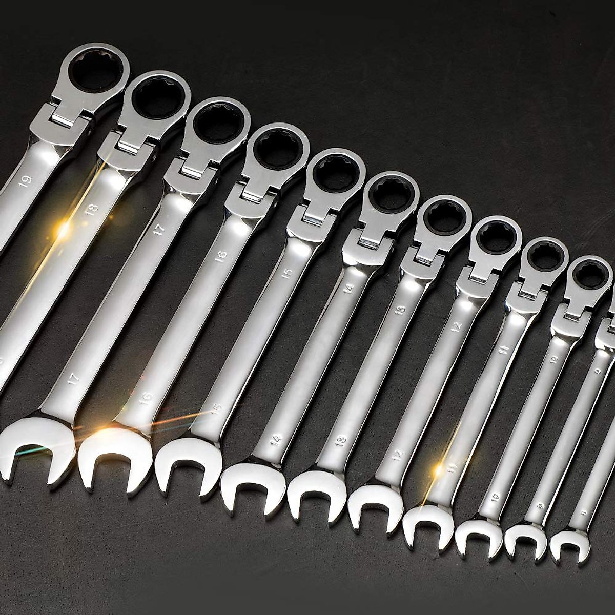 FLZOSPER 12pc. Tightspot Flex-Head Ratcheting Wrench Set，8-19mm Metric CR-V Quick Access Spanner with Portable Toolbox (12PC. Flex Head Wrench)